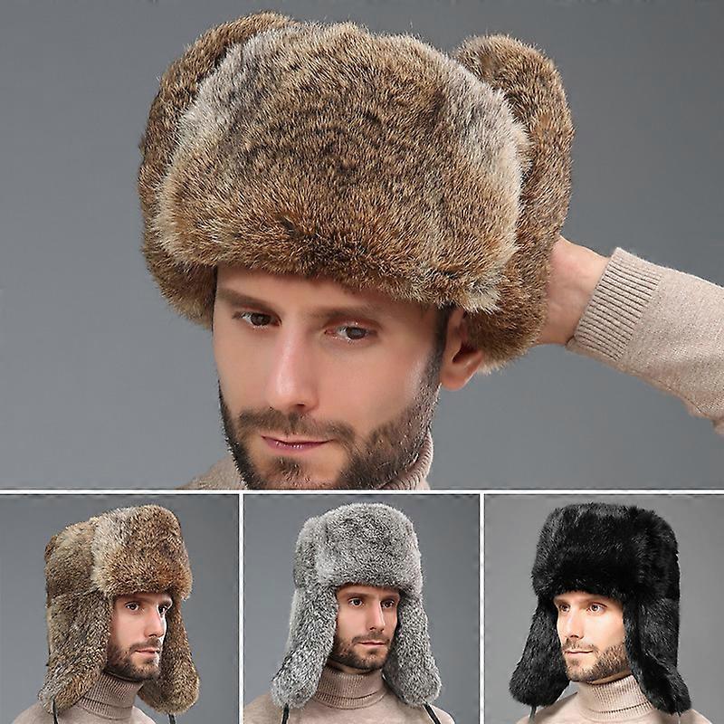 New Rabbit Fur Cap Man Winter Furry Fur Bomber Hat With Earflaps ...