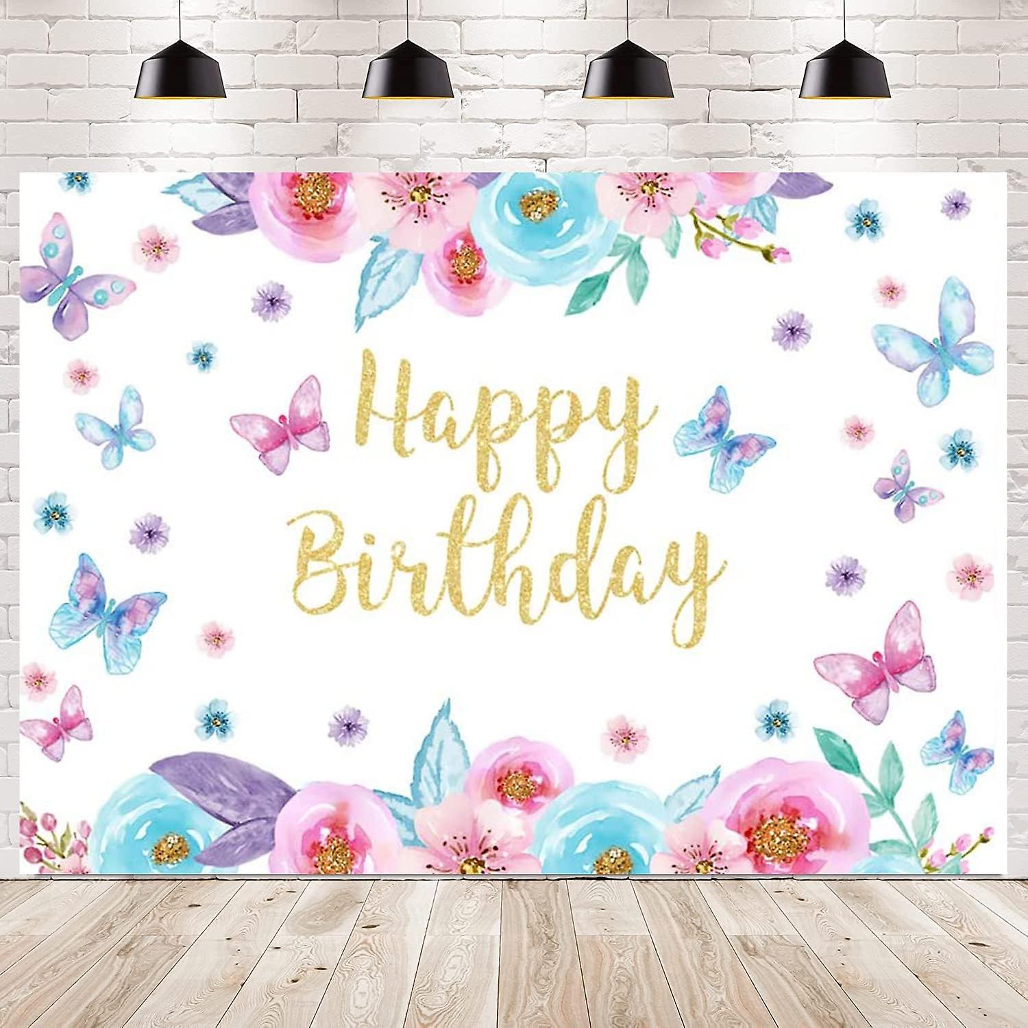 Happy Birthday Backdrop Watercolor Flowers Butterfly Birthday ...