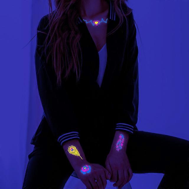 12 Sheets Neon Temporary Tattoo - Feather Designs Glow in the Dark Neon ...