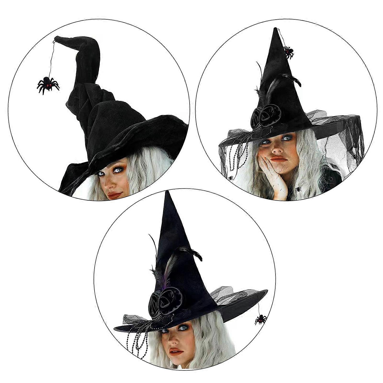 Halloween Witch Hat with Mesh Feathered Party Wizard Hat Unisex Pointed ...