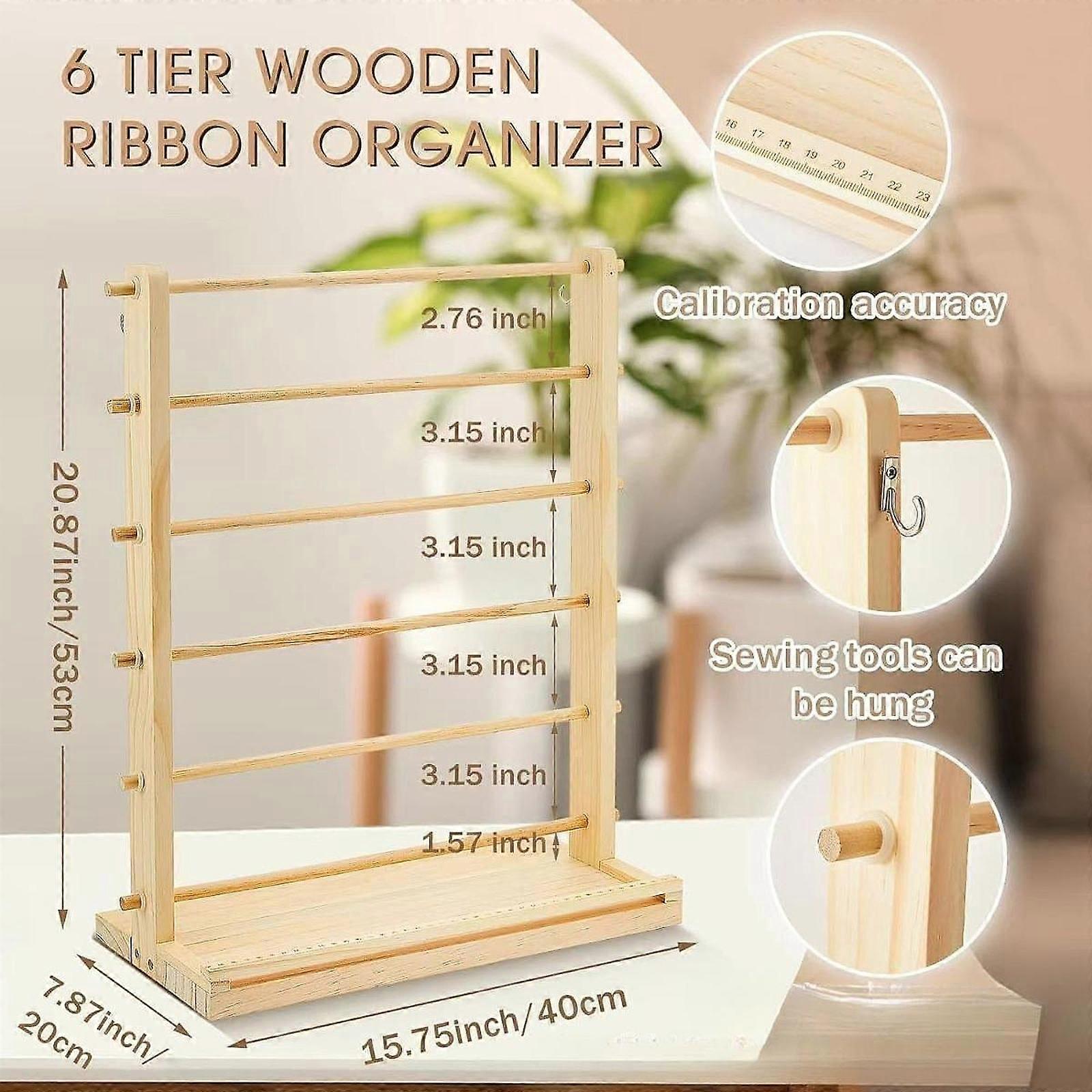 Wood Ribbon Organizer Multifunction 6 Tier Space Saving Craft Ribbon ...