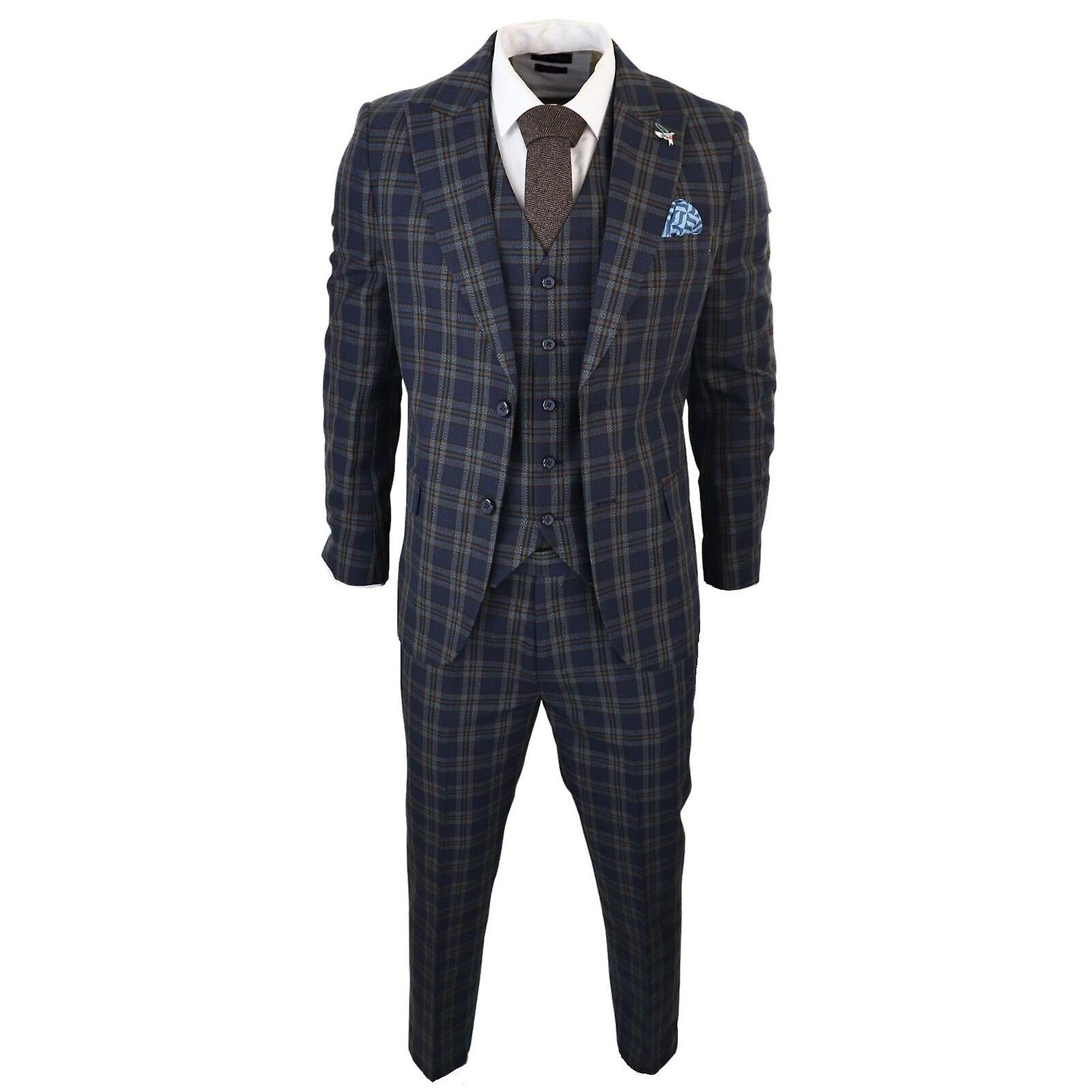 Men's Check Navy Blue 3 Piece Suit | Fruugo UK