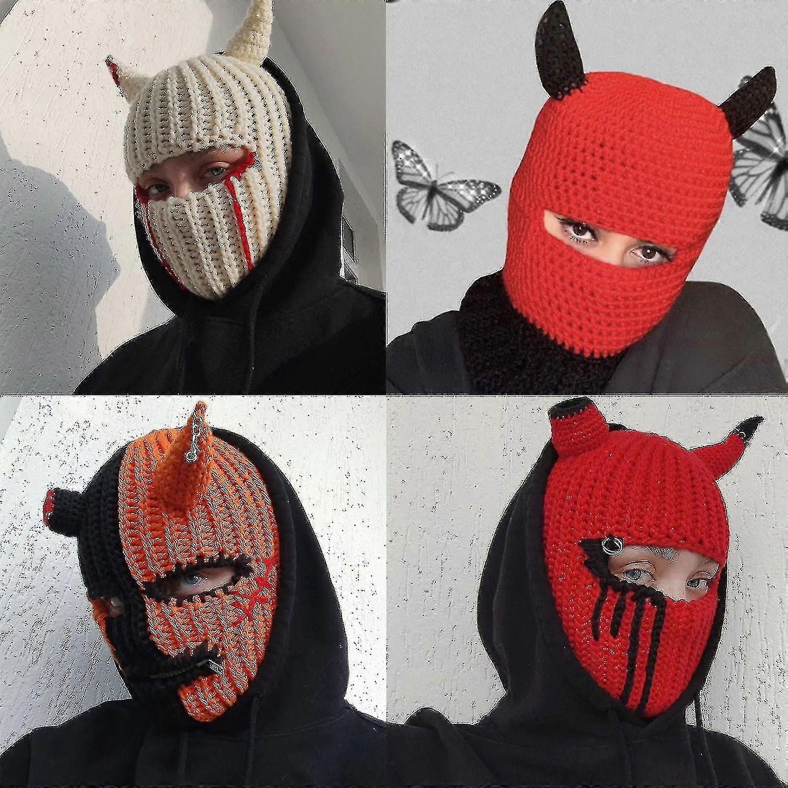 Knitted Hat Full Face Mask Woolen Hat Horn Hat Balaclava Hat For ...