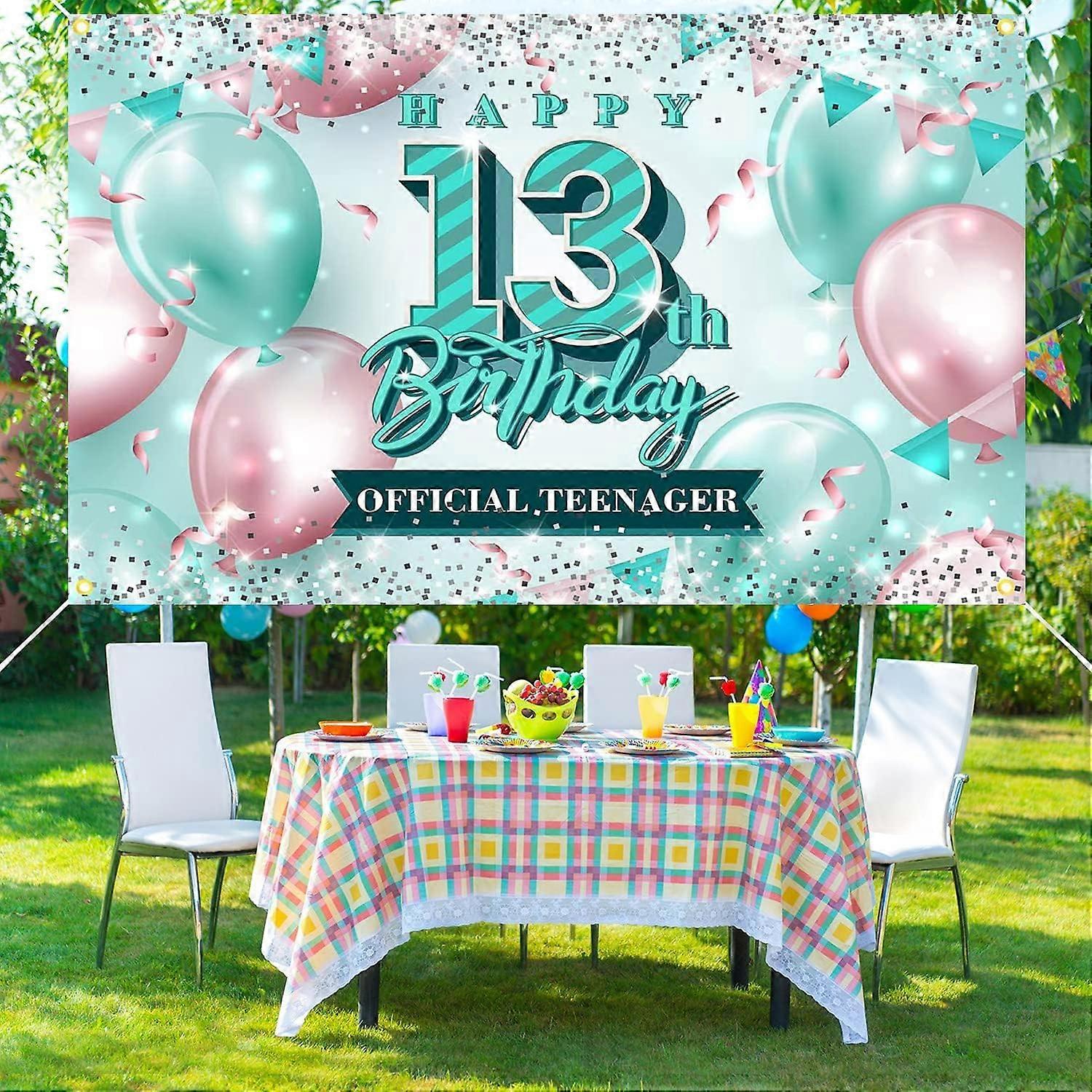 Happy 13th Birthday Backdrop Decorations Pink and Teal Glitter 13 Years ...