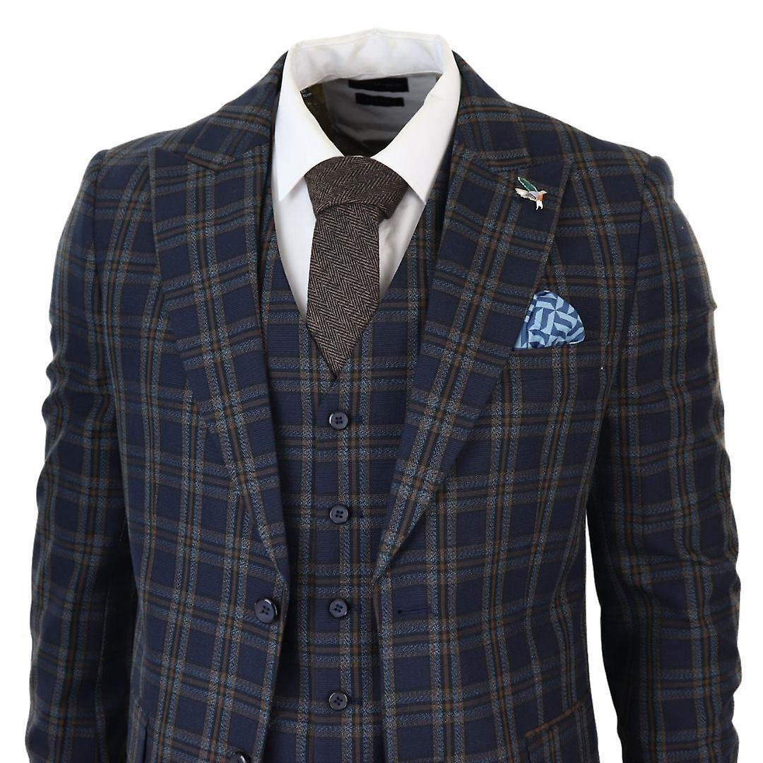Men's Check Navy Blue 3 Piece Suit | Fruugo UK