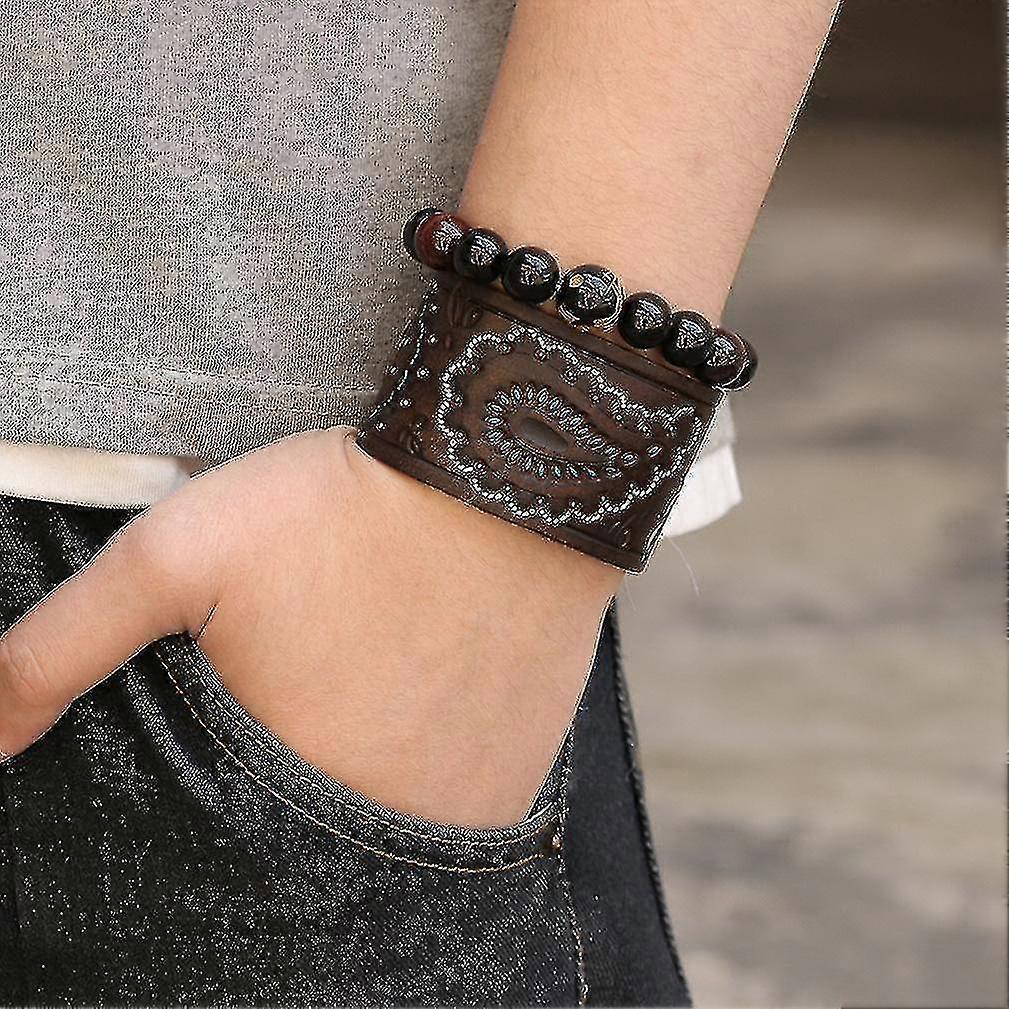 Wide Leather Punk Bracelet With Embossed Pattern | Fruugo UK