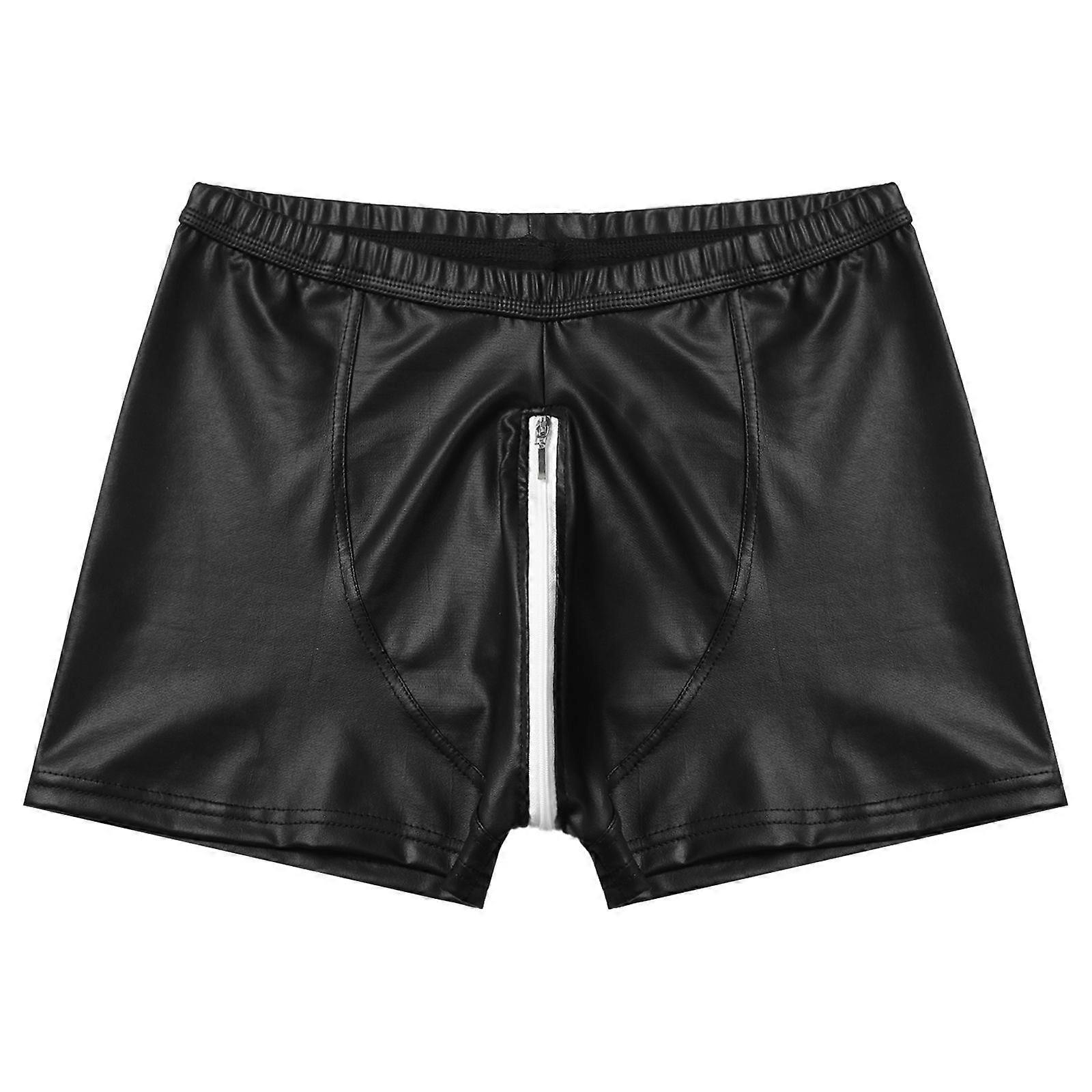 Mens Zipper Crotch Faux Leather Boxers Shorts Low Rise Elastic ...