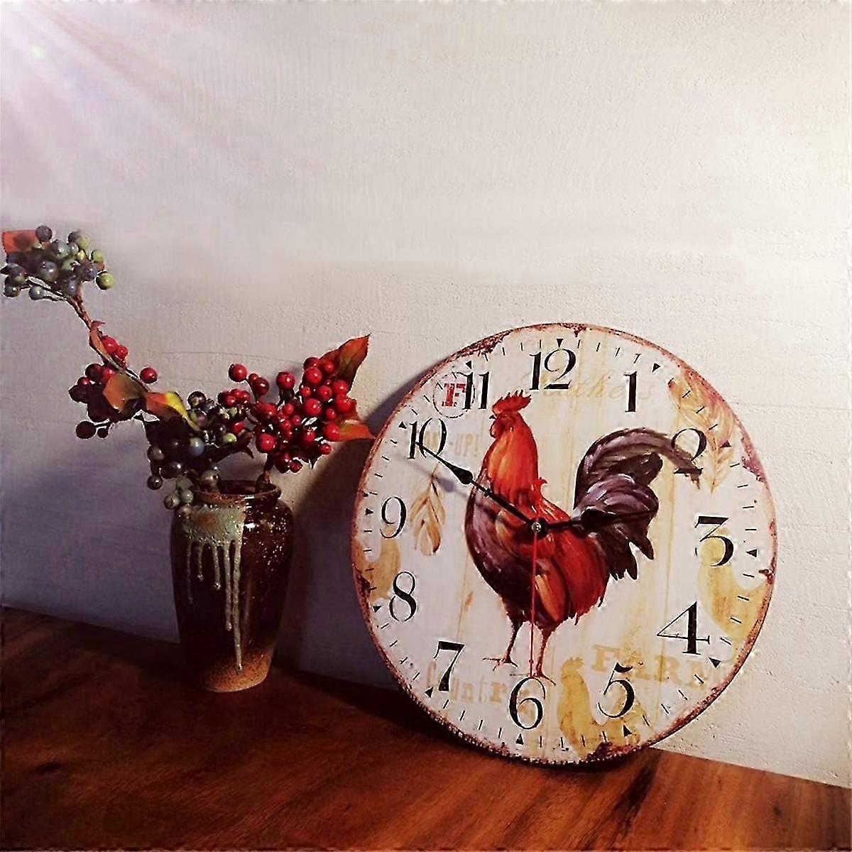 Vintage Rooster Kitchen Wall Clock - 12 Inch Silent Wooden Clock ...