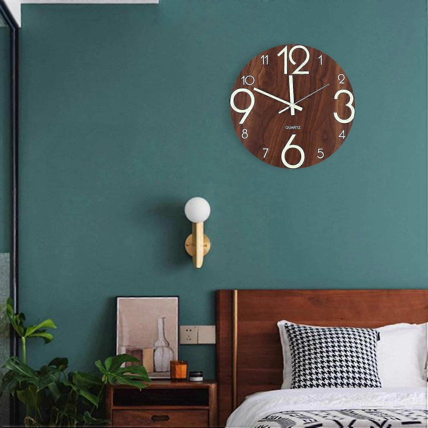 Luminous Wall Clock, 12 Inch Wooden Silent Non-Ticking Kitchen Wall ...