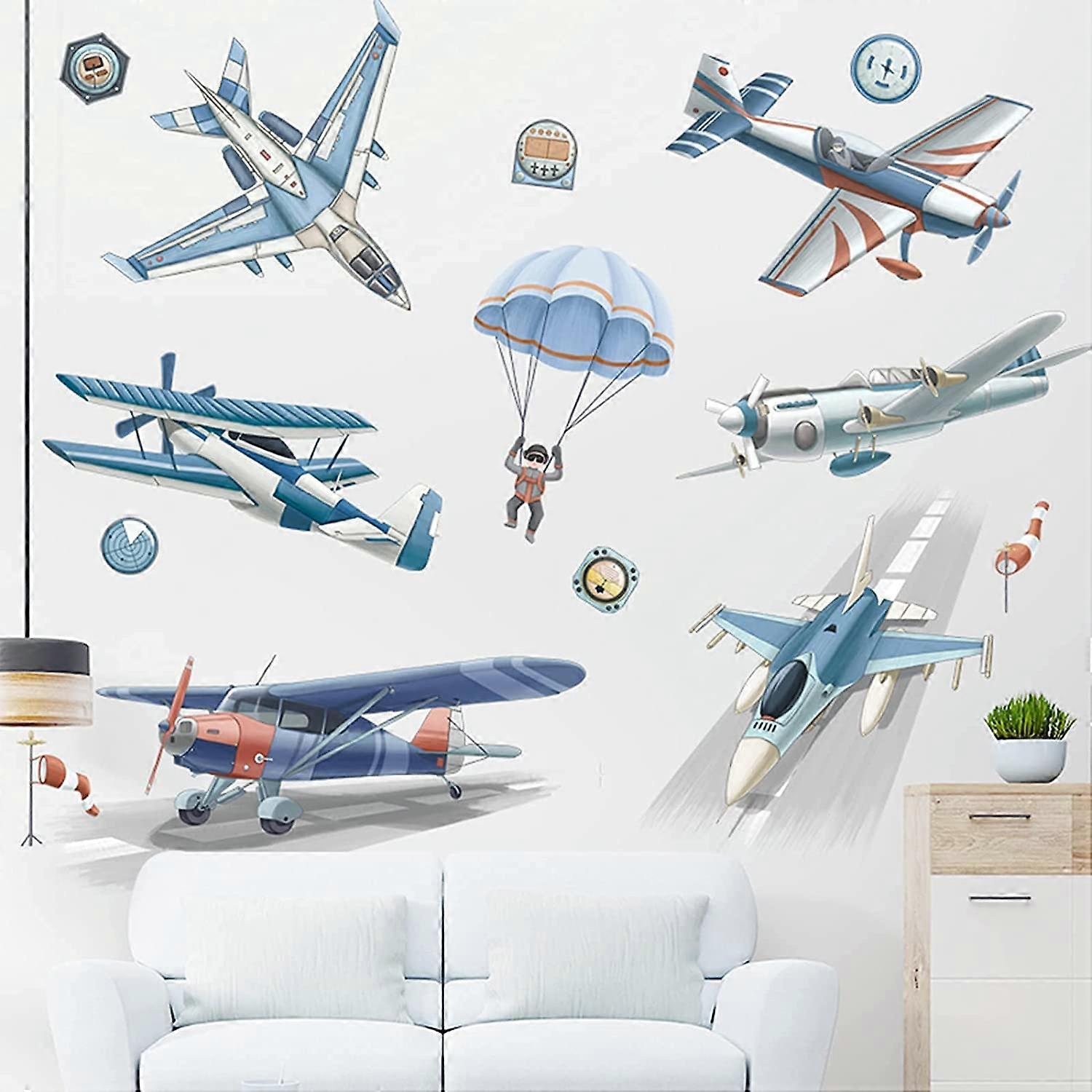 Vintage Airplanes Parachute Astronaut Wall Sticker, 6 Racks Aircraft ...