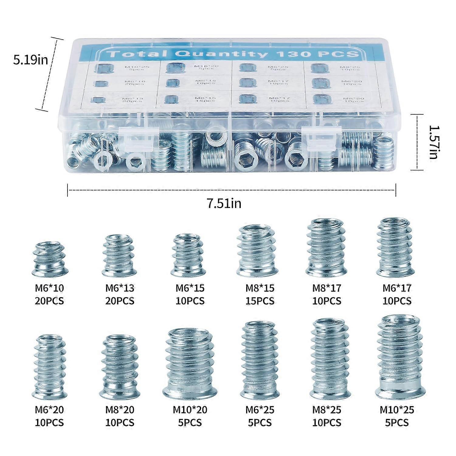 130pcs M6/M8/M10 Threaded Wood Inserts with Sorting Box for Furniture ...