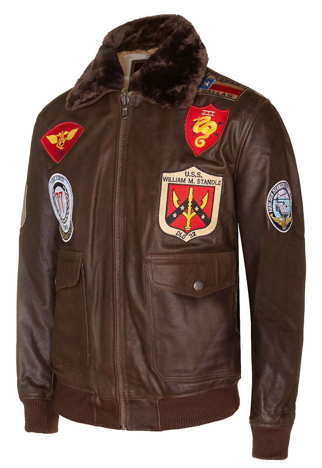Men's Brown Leather Air Force Badge Pilot Flying US Aviator Bomber ...