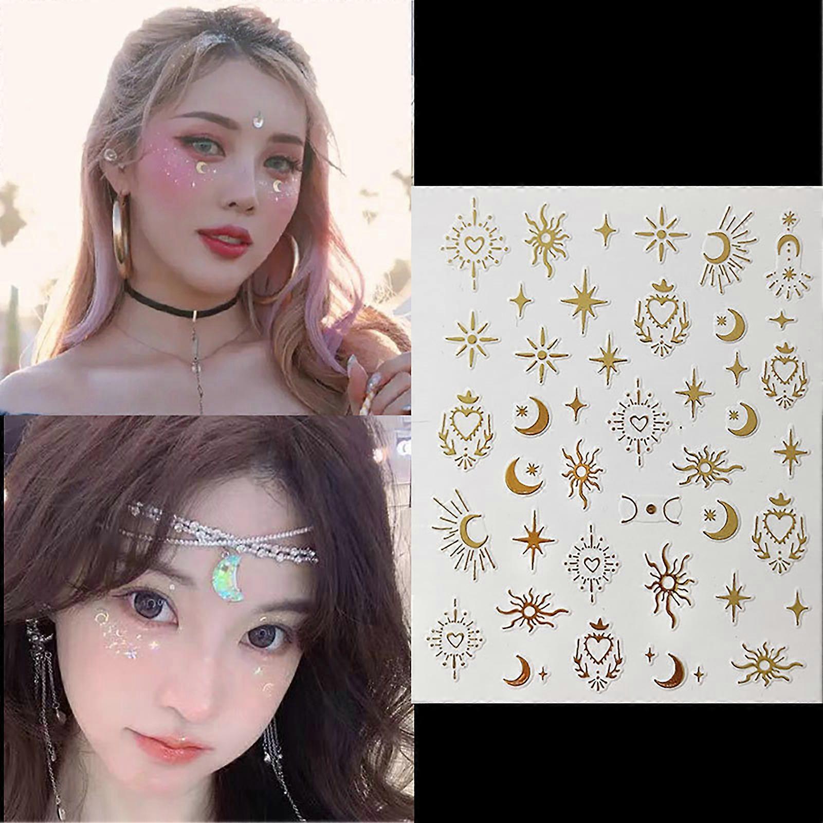 Shiny Face Tattoo Stickers Metallic/Black/Gold/ Laser Star Moon Sun ...