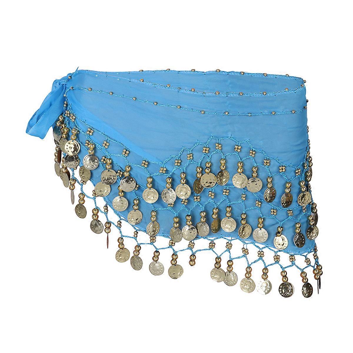 Women Chiffon Dangling Belly Dance Hip Scarf 3 Rows 128 Coins Wrap Belt ...