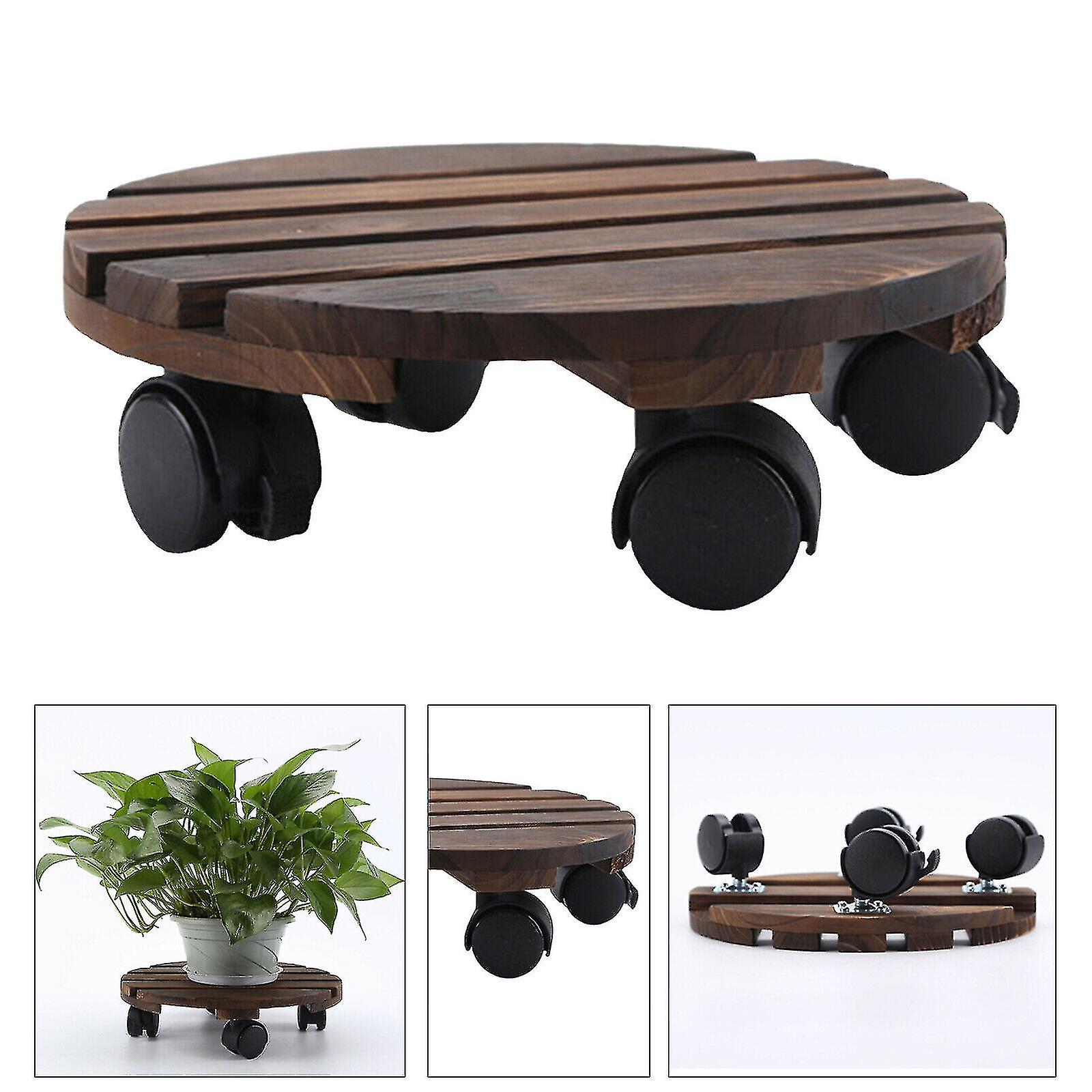 Movable Plant Stand Round Flower Pot Wooden Trolley Mover With Wheels ...