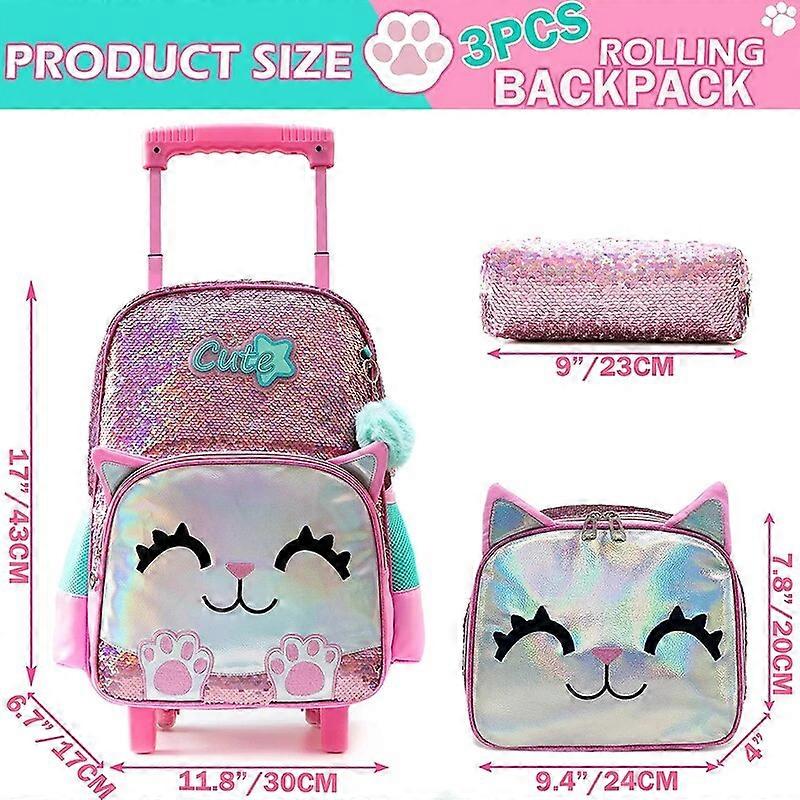 Kids Rolling Backpack for Girls Cute Pink Cat School Backpack with ...