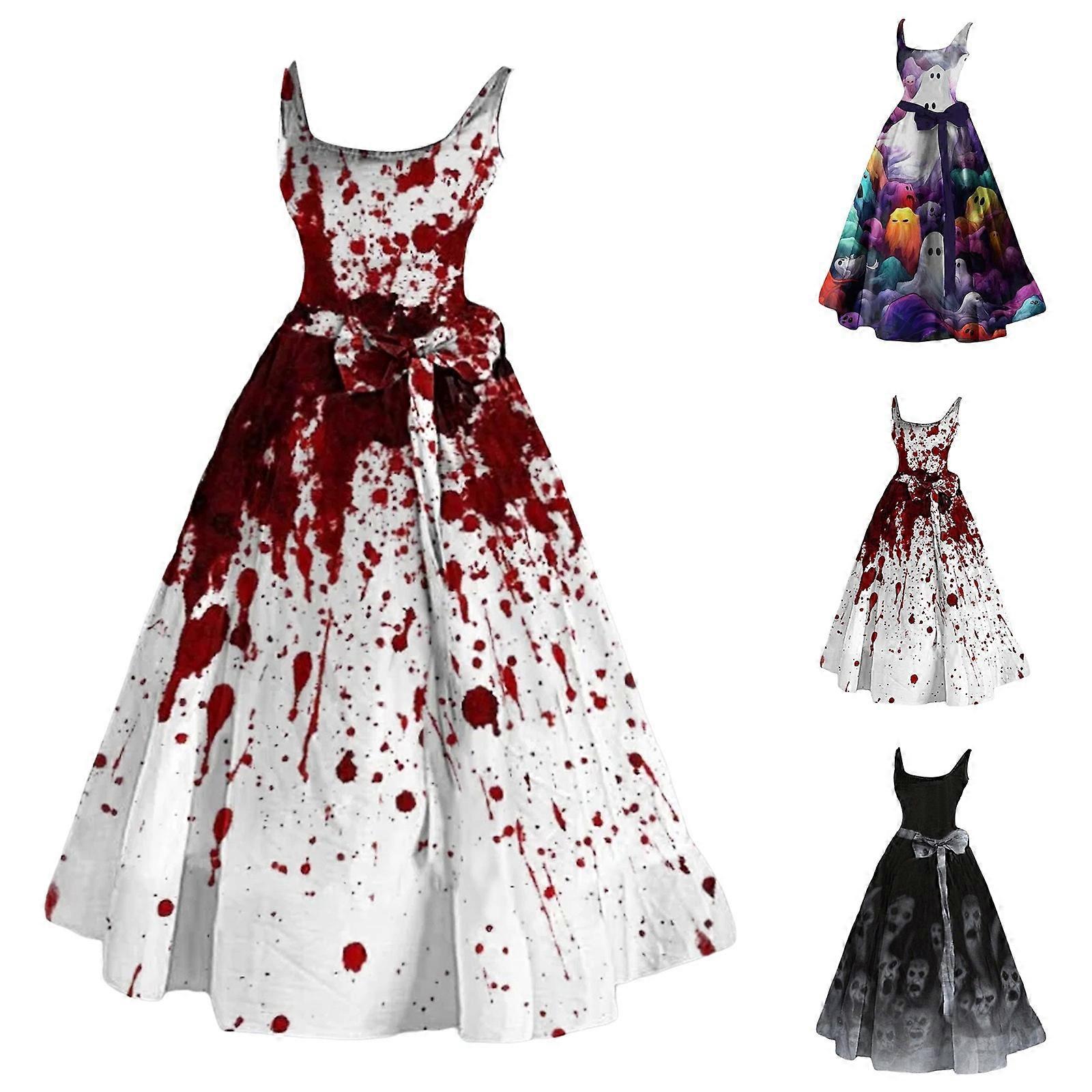 Halloween Scary Costumes Prom Dress For Women Bloody Print Flared Puffy ...
