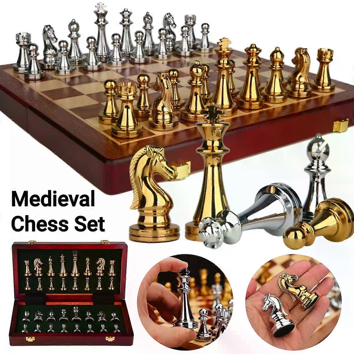 Retro Medieval Luxury Chess Game Set Wooden Chessboard Family Chess ...