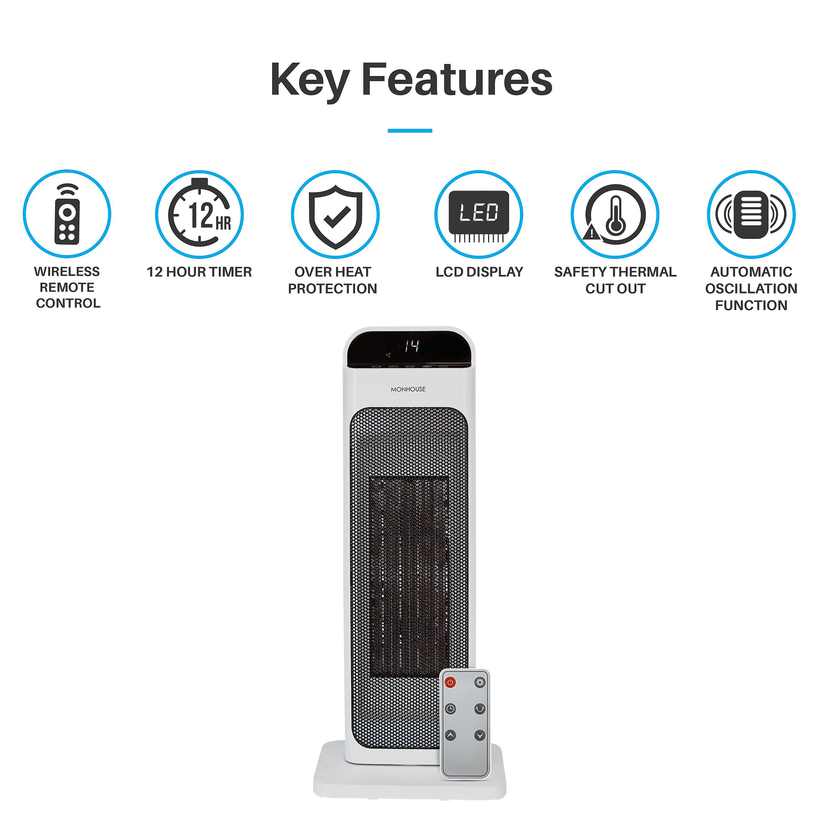 Portable white electric fan heater digital with remote & timer radiator ...