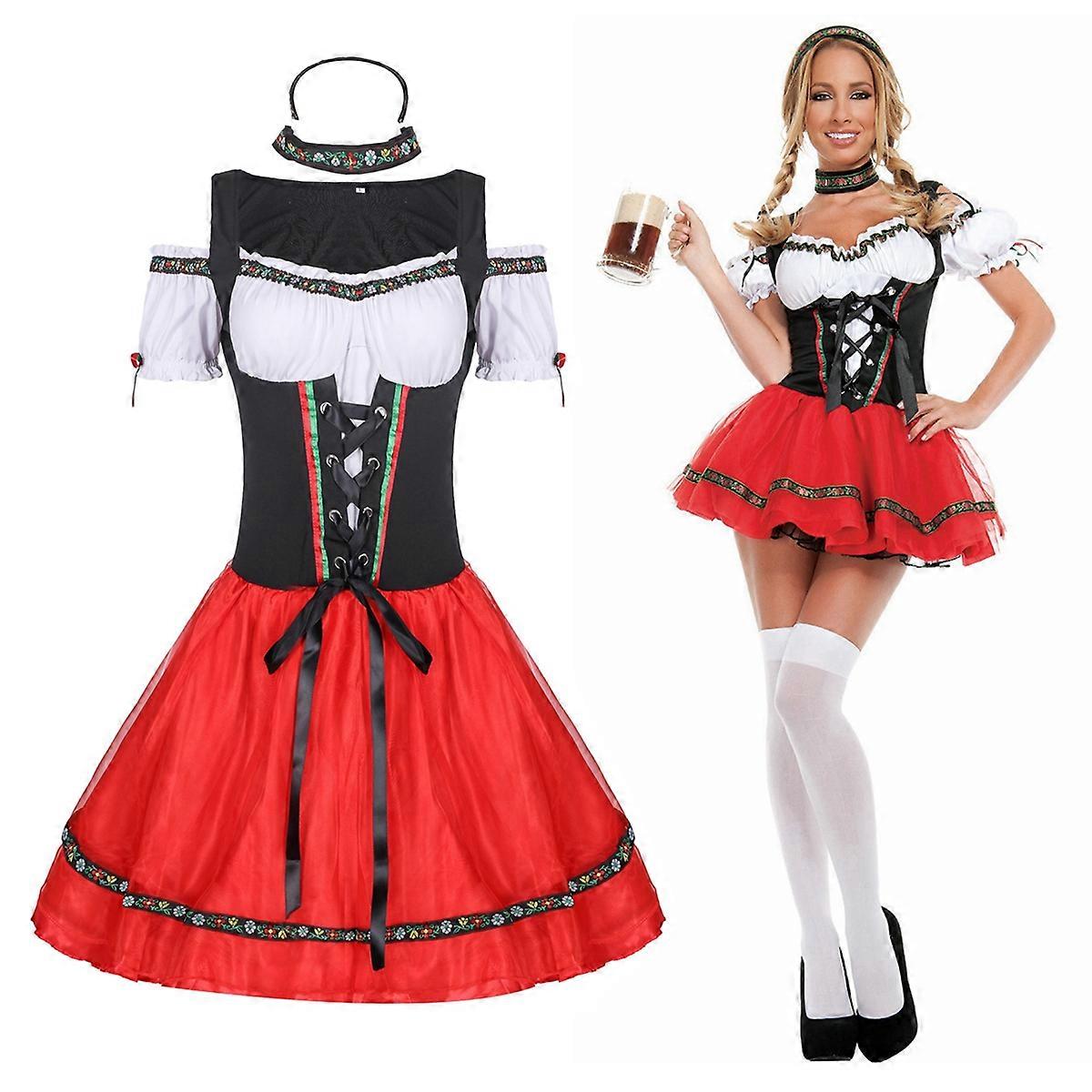 Women Bavarian Fancy Dress Outfit Oktoberfest Dirndl Beer Maid Costume ...