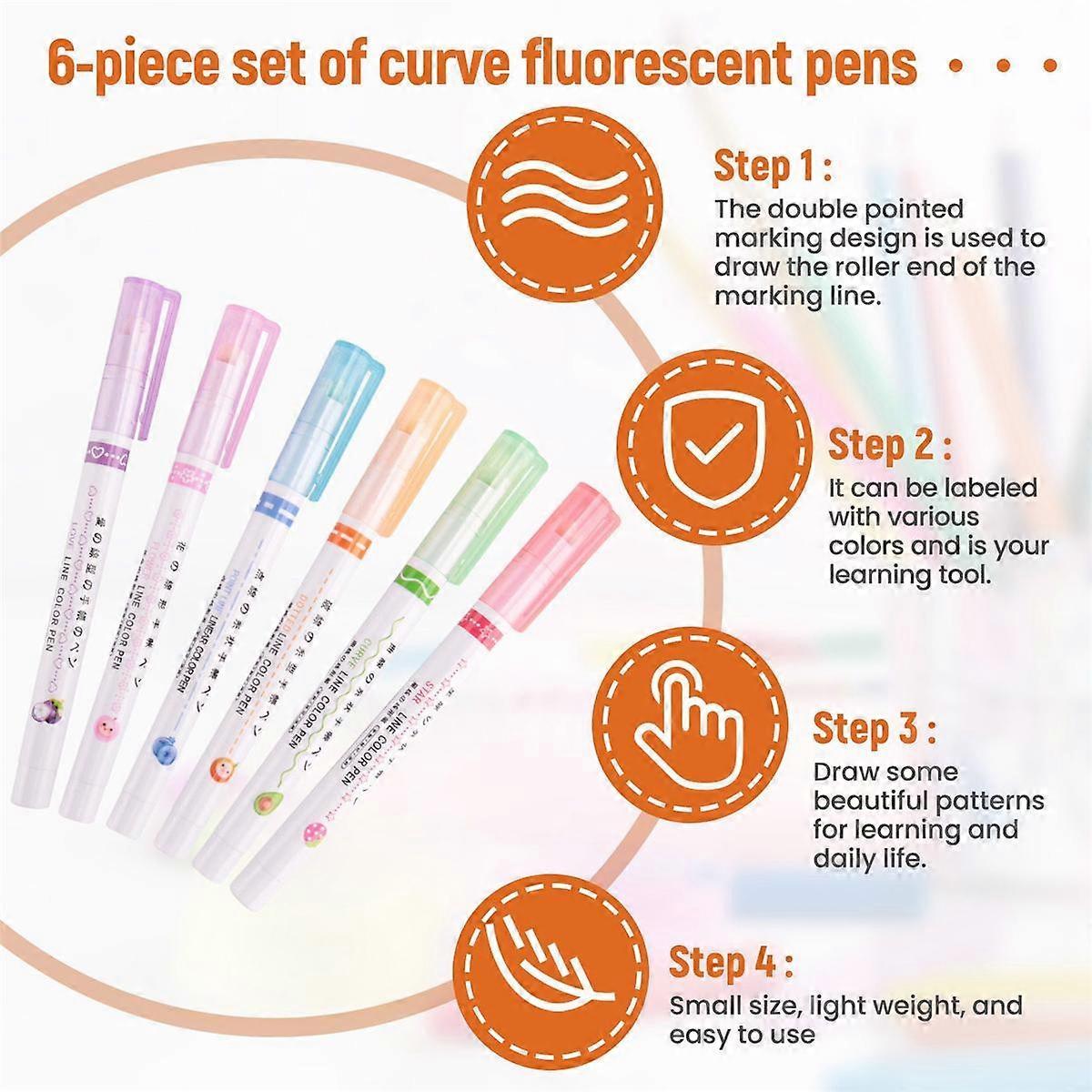6 Piece Curve Highlighter Set with 6 Different Curve Shape Tip Pens ...