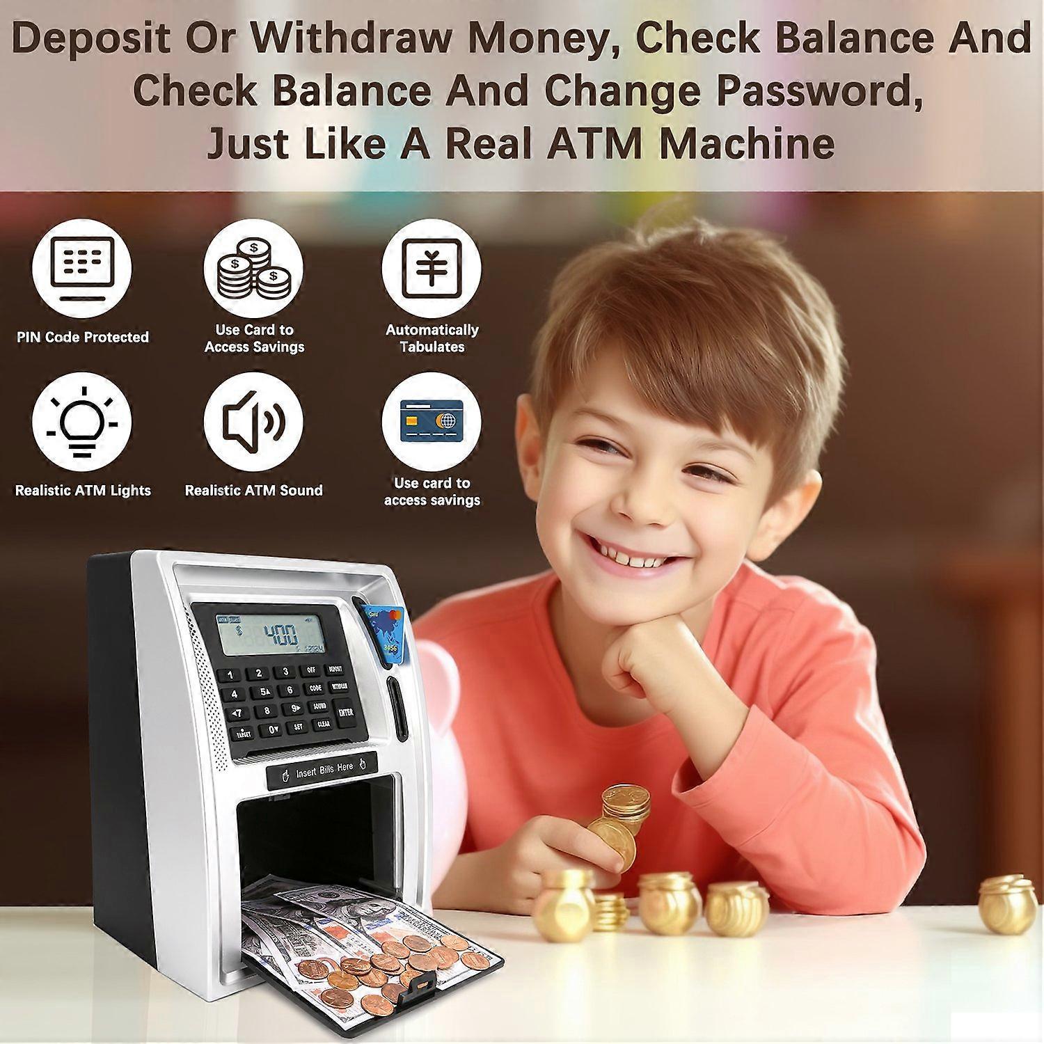 ATM-Style Smart Piggy Bank for Kids Auto Bill and Coin Recognizing ...