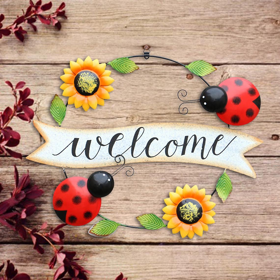 Cast Iron Welcome Sign Wall Garden Home Hanging Hoop Wreath Ladybug ...