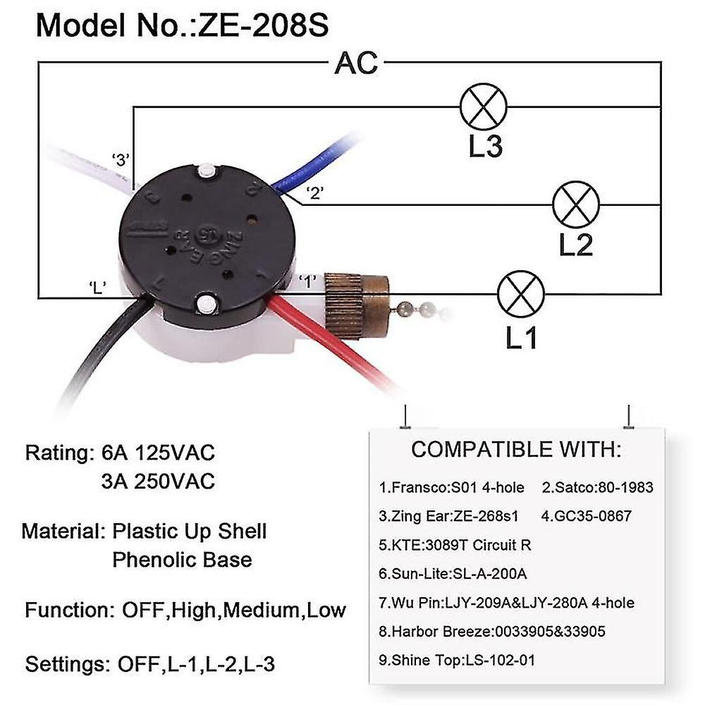 Ceiling Fan Switch Kit 3 Speed 4 Wire, Fan Switch Zipper Speed Control ...