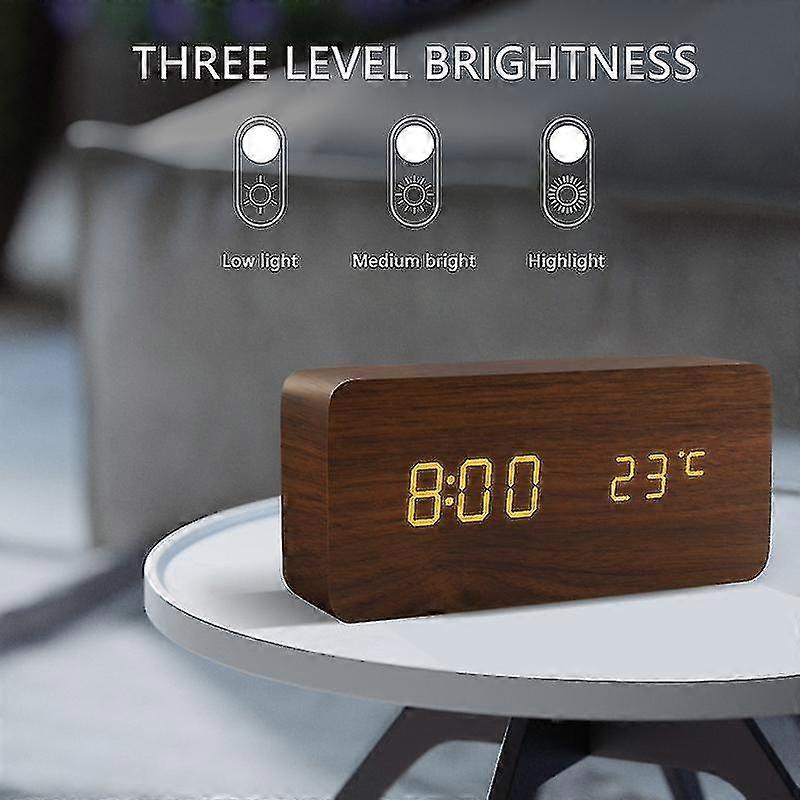 Alarm Clock Led Wooden Watch Table Voice Control Digital Wood ...