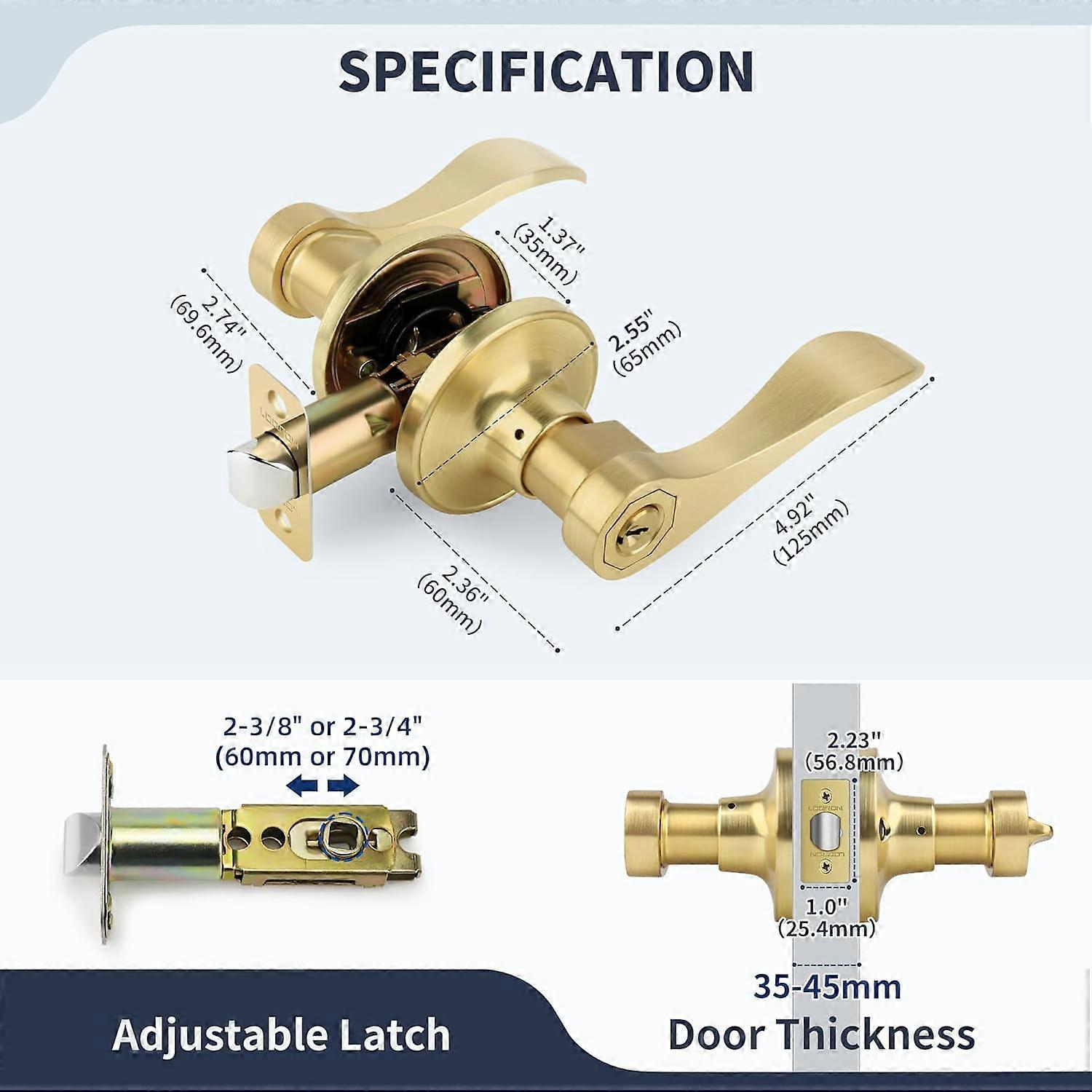 Reversible Door Handle with Lock - Brushed Brass Entry Set for Left ...