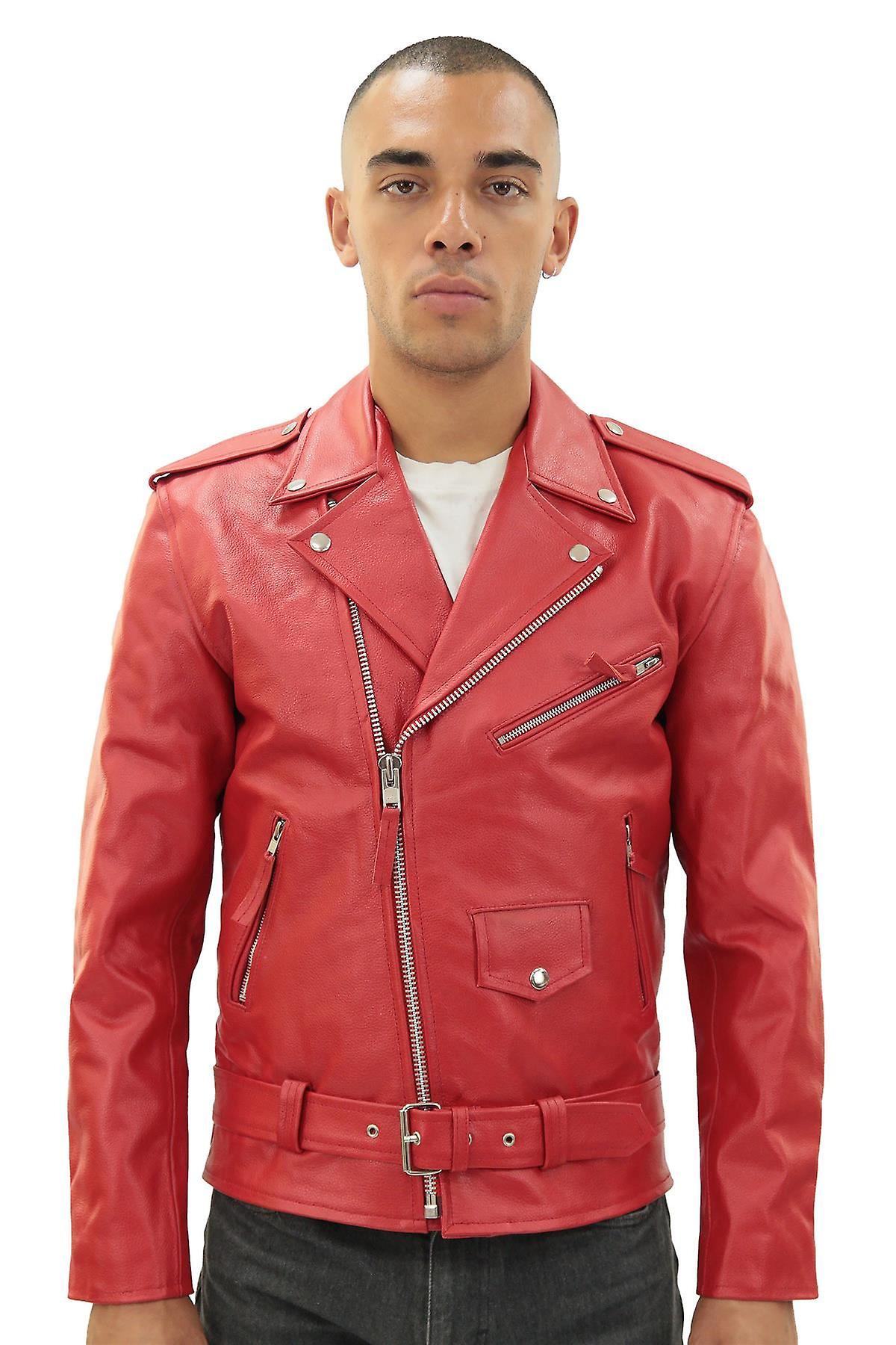Mens Leather Red Brando Biker Rock Motorcycle Hide Jacket | Fruugo UK