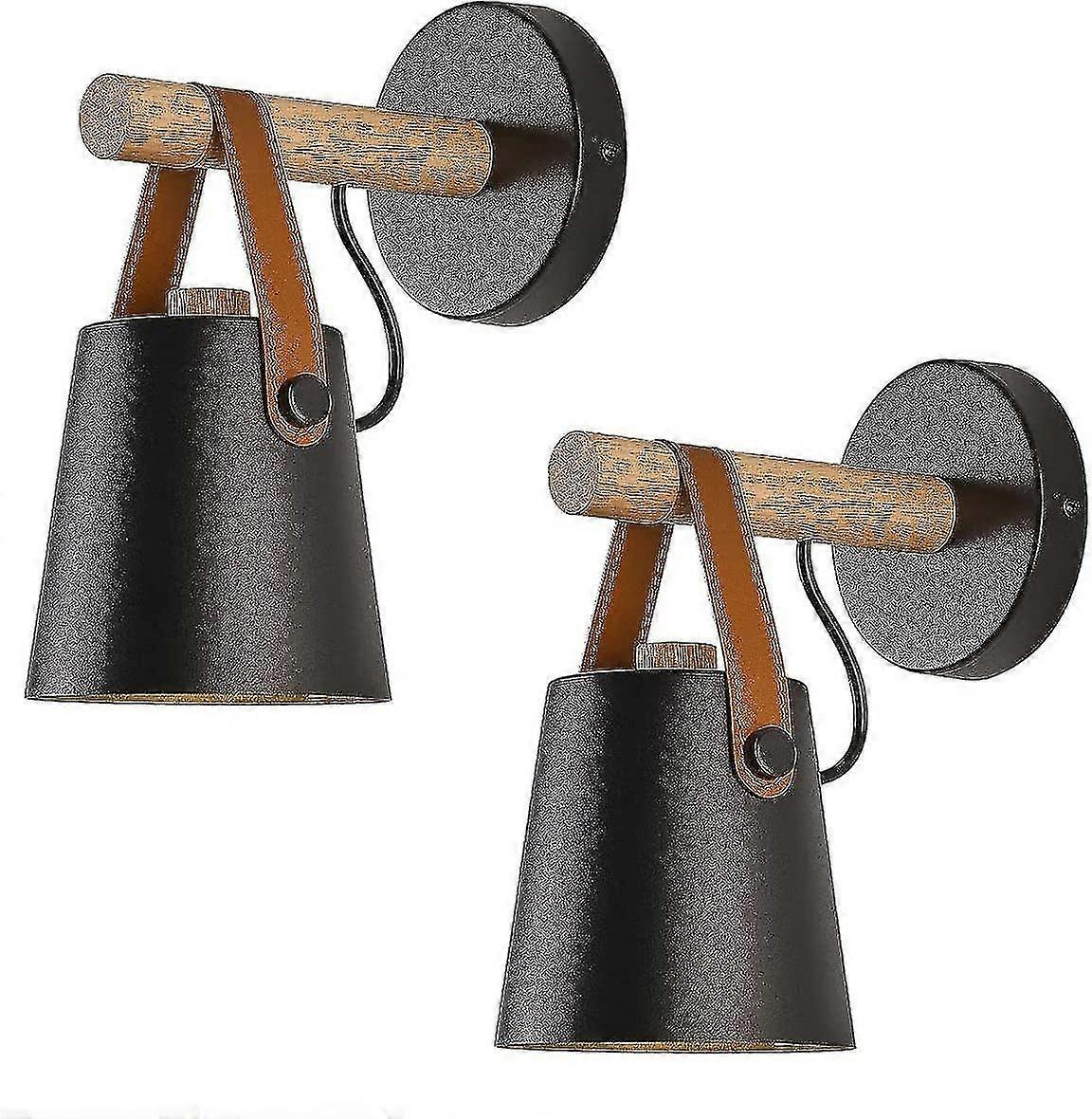 Set Of 2 E27 Modern Wall Sconce Metal Style Wrought Iron Wood Belt ...