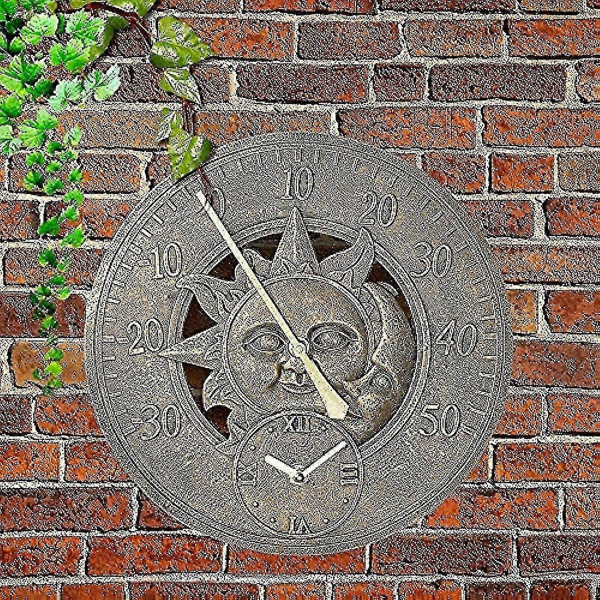 Garden Thermometer Clock Analogue Wall Bronze Sun & Moon 30cm Clock ...