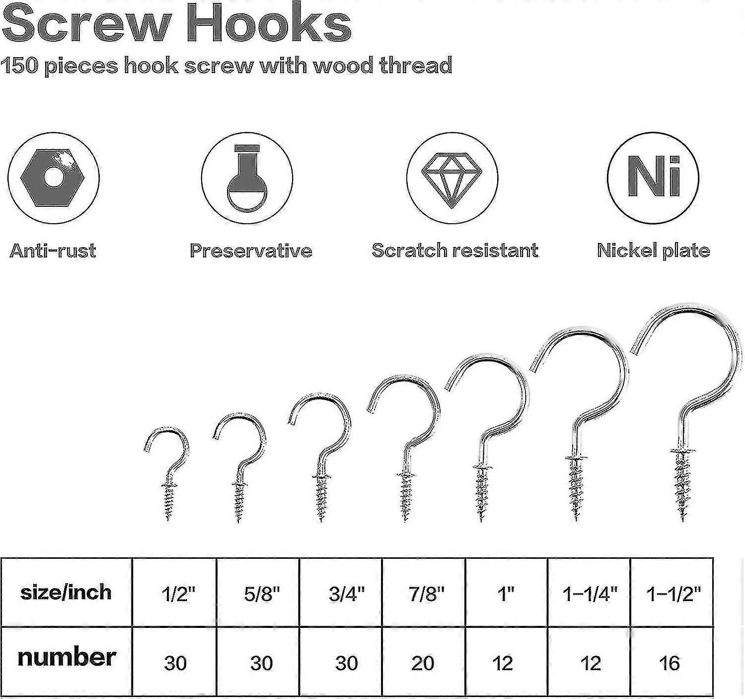 Screw Hooks, Pack Of 150 Wood Thread, Hooks For Screwing 7 Sizes Screw ...
