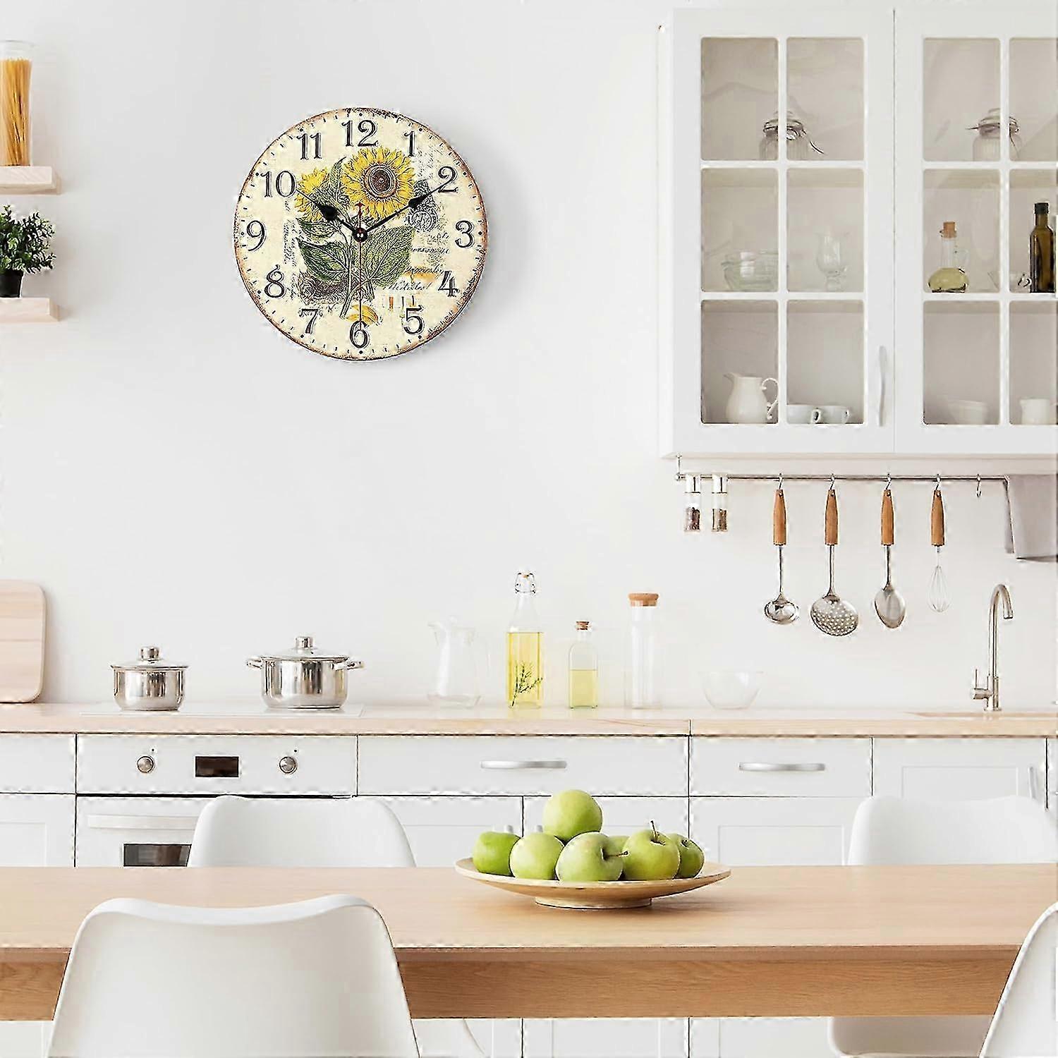 Wooden Yellow Sunflower Wall Clock Silent Non Ticking 12 In Battery ...