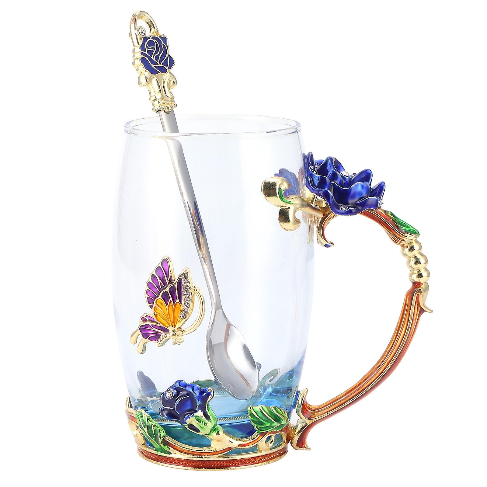 Blue Rose Glass Cup 350ML - Innovative Flower Tea Cup with Spoon ...