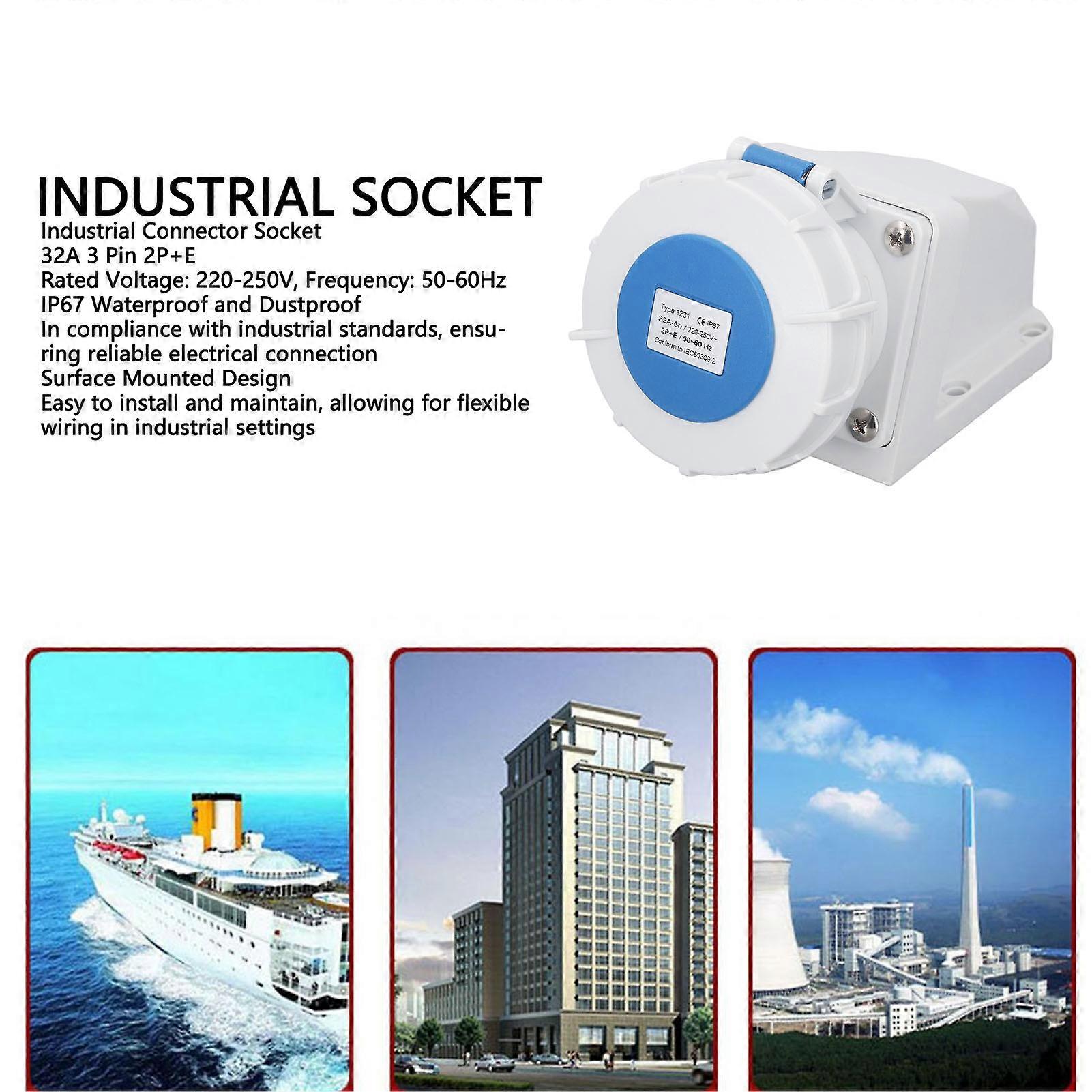 Industrial Connector Socket 32A 2P+E Surface Mounted IP67 Waterproof ...