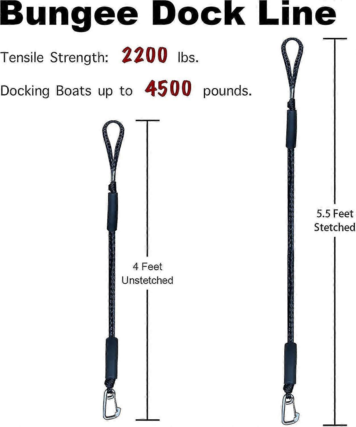 Bungee Dock Line With Hook , Black Mooring Rope For Boat 4 Ft 2 Pack ...