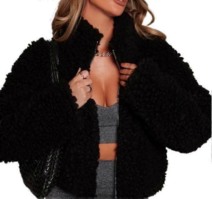 Women's Fashion Winter Coat Long Sleeve Lapel Zip Up Faux Shearling Shaggy Jacket | Fruugo UK
