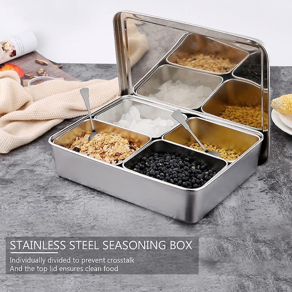 Compartment stainless steel condiment box with lid and tray, condiment ...