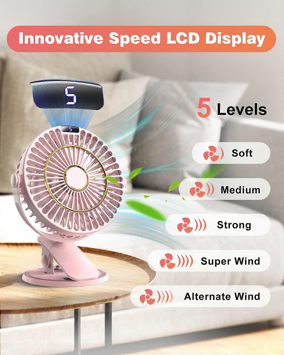 Rechargeable Table Fan, Mini USB Fan with LCD Display, 5 Speeds, 720 ...