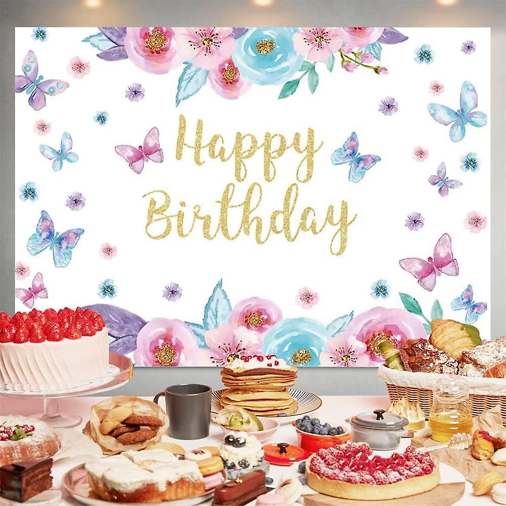 Happy Birthday Backdrop Watercolor Flowers Butterfly Birthday ...