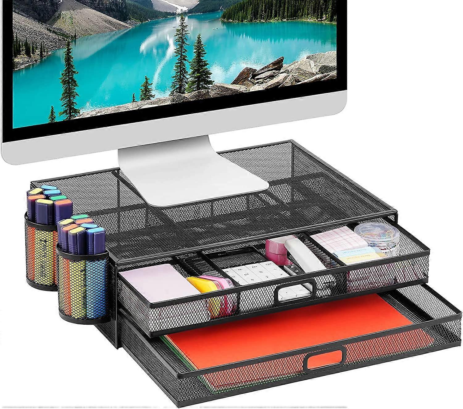 Formwell Monitor Stand Riser with Drawer - Mesh Metal Desk Organizer ...