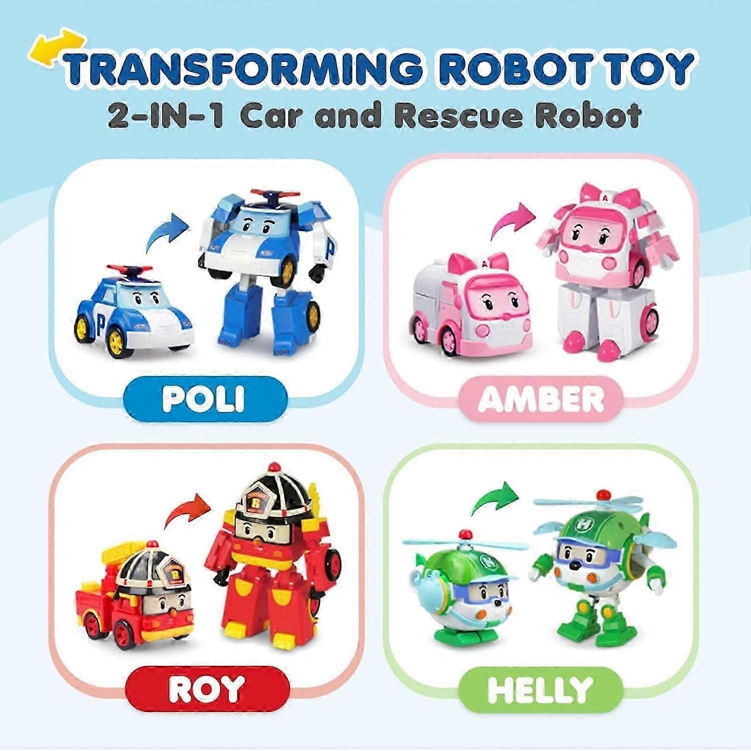SBSG Robocar Poli 4 Pack Poli + Amber + Roy + Helly Transforming Robot ...