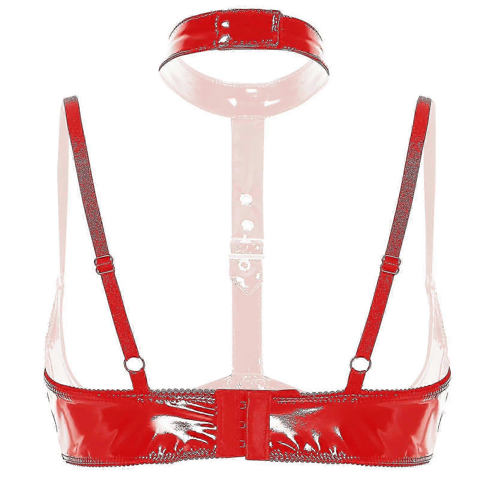 Otwoo Womens Wet Look Patent Leather Bra Lingerie Halter Neck Open ...