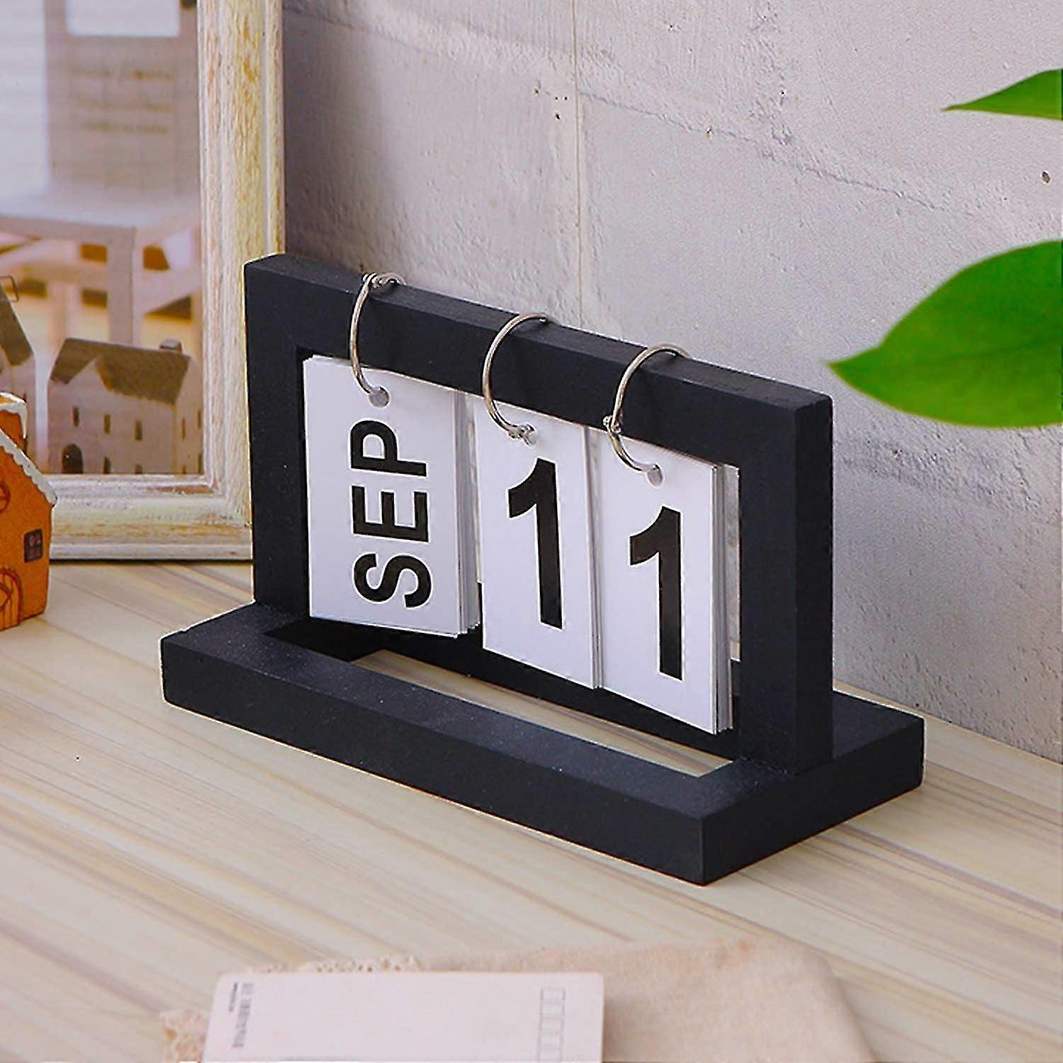 Wooden Perpetual Desk Calendar Desk Office Decor Creative Reusable Flip ...