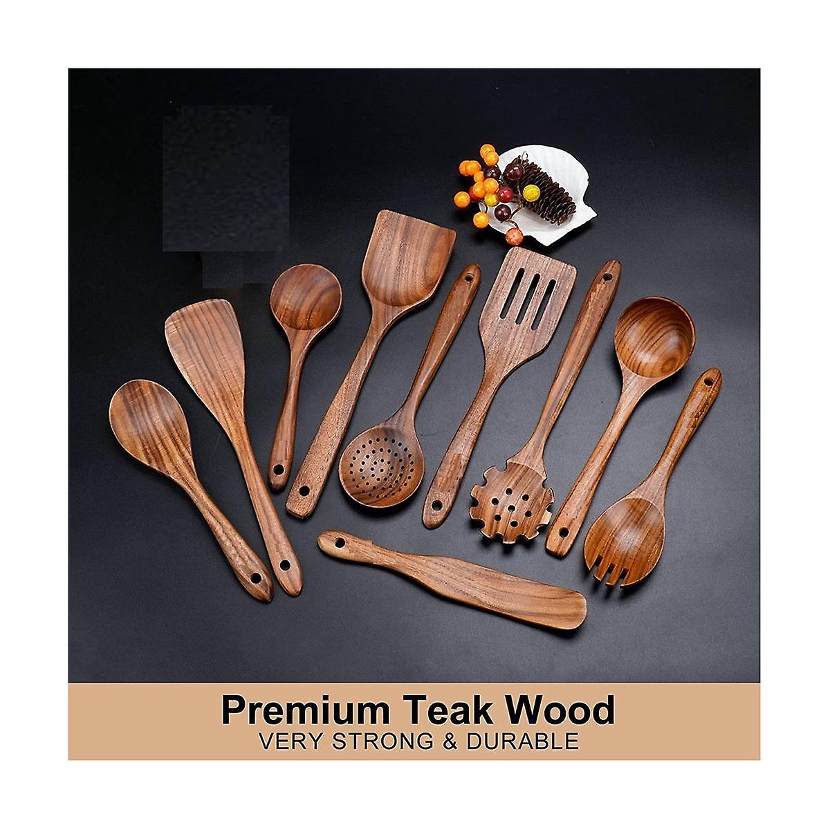 Wooden Cooking Utensils, Kitchen Utensils Set with Holder Teak Wood ...
