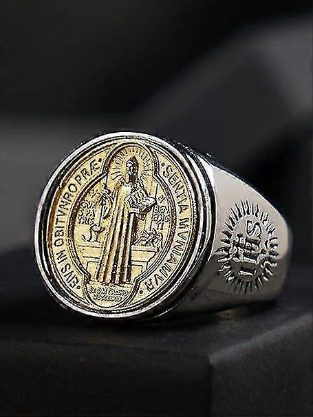 Two Tone Titanium Stainless Steel Catholic St Benedict Medal Cross Ring for Men Women | Fruugo UK