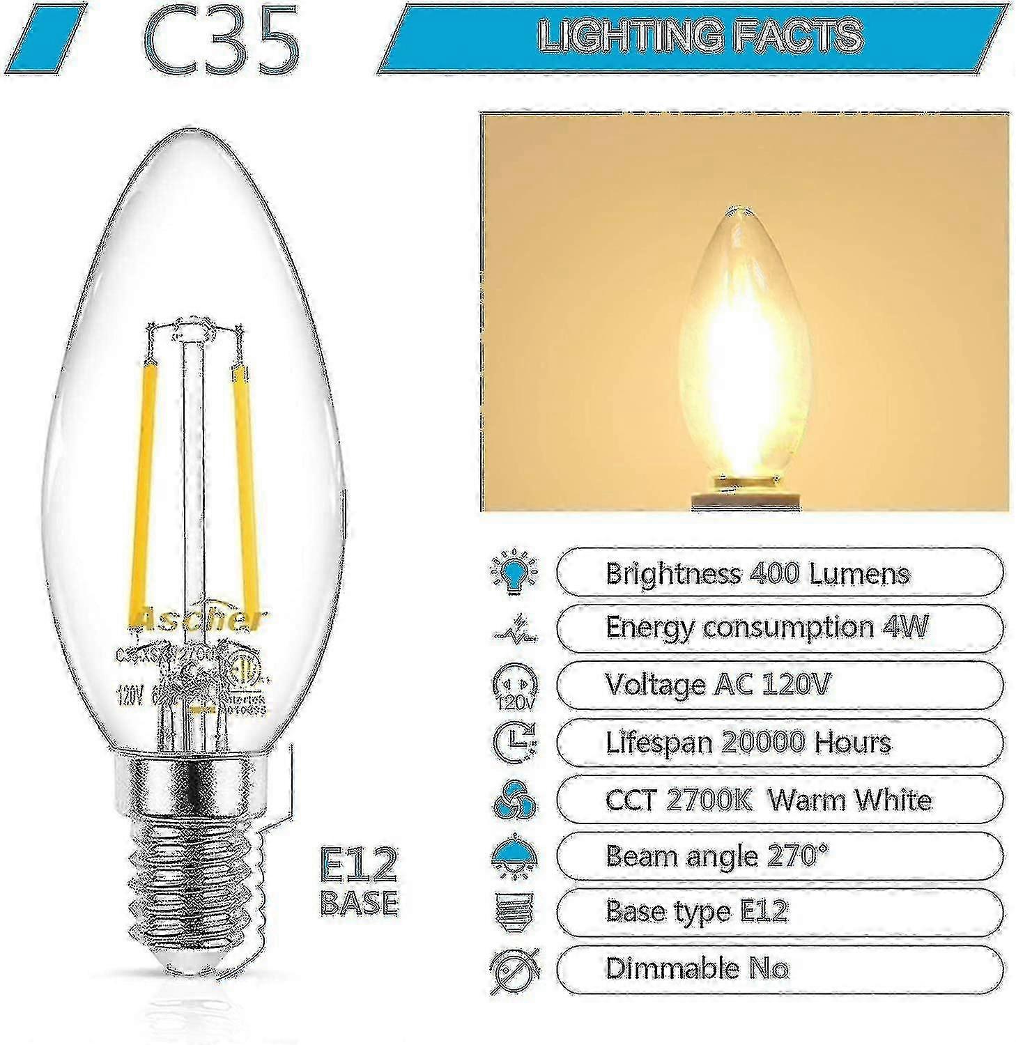 Classic E12 Led Candelabra Light Bulb Equivalent 40w Warm White 2700k Filament Clear Glass Non ...
