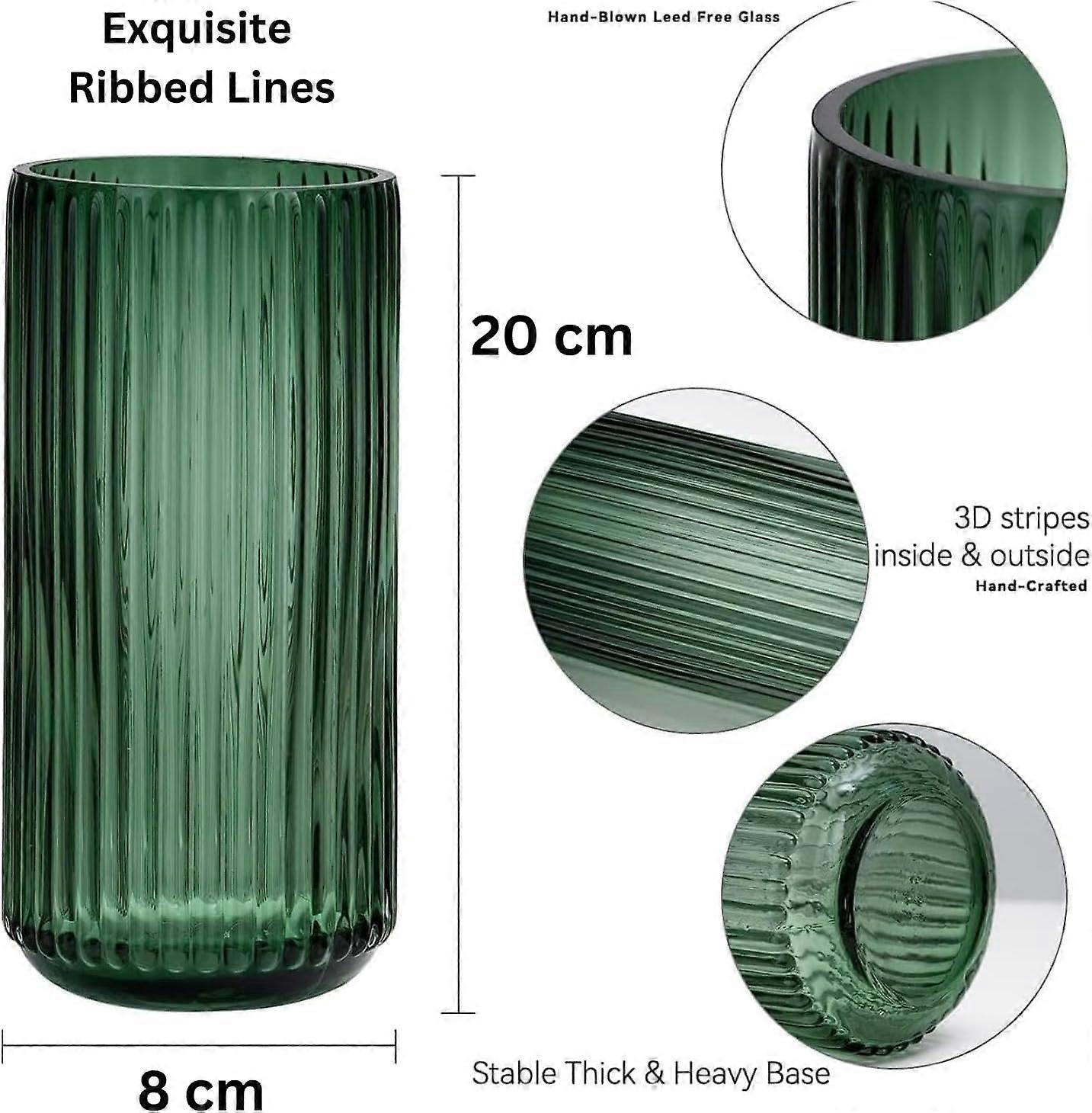 Premium Thick Green Glass Vase - Ribbed Glass Vase for Rustic Home ...